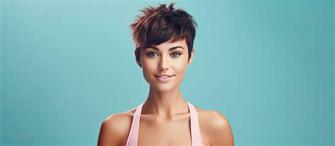 Sporty Woman With Short Hair In Leotard Posing With Yoga Mat Blue