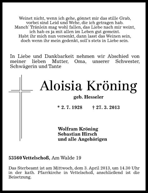 Traueranzeigen Von Aloisia Kröning Rz Trauer De