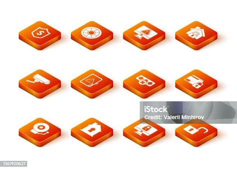 벨링 알람 벨 보호 중인 집 보안 카메라 느낌표가 있는 태블릿 컴퓨터 모니터 잠금 암호 잠금 자물쇠 및 폴더 및 아이콘을 설정합니다 벡터 3차원 형태에 대한 스톡 벡터 아트