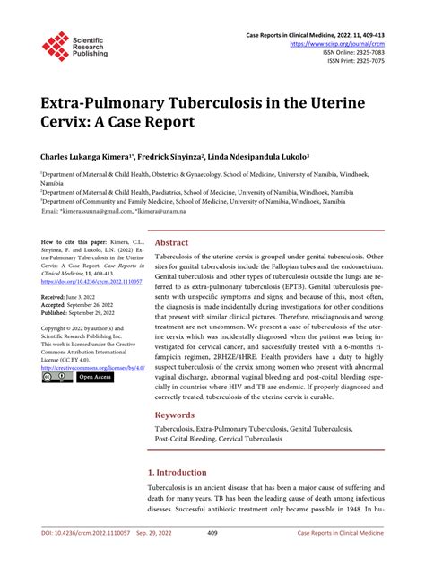 Pdf Extra Pulmonary Tuberculosis In The Uterine Cervix A Case Report