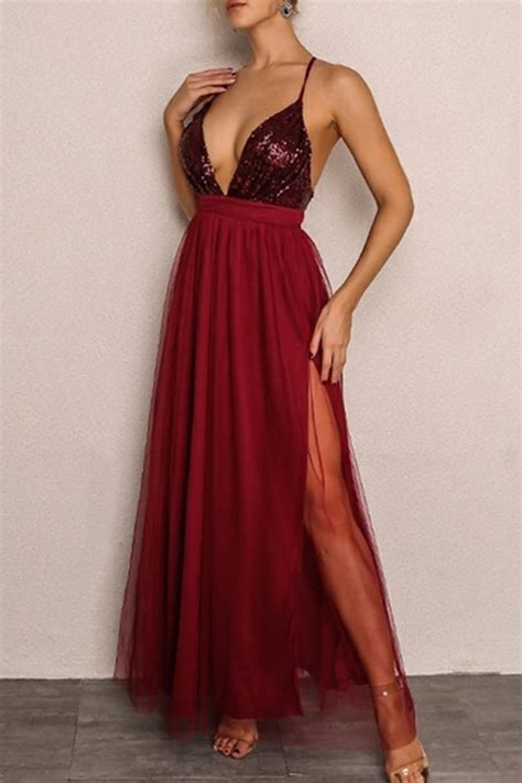 Wholesale Burgundy Sexy Patchwork Sequins Backless Spaghetti Strap Long