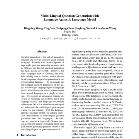 Multi Lingual Question Generation With Language Agnostic Language Model