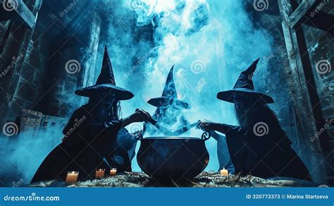 Three Scary Evil Witches In Black Clothes And Magic Hats Are Brewing