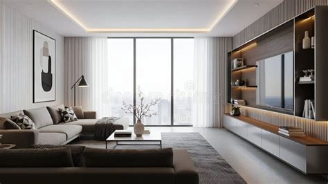 Contemporary Living Room With Large Windows And Entertainment Unit