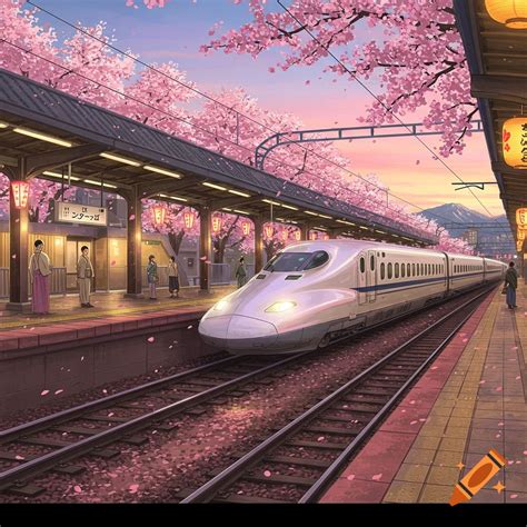 Anime Illustration Of A Japanese Bullet Train At A Cherry Blossom Lined