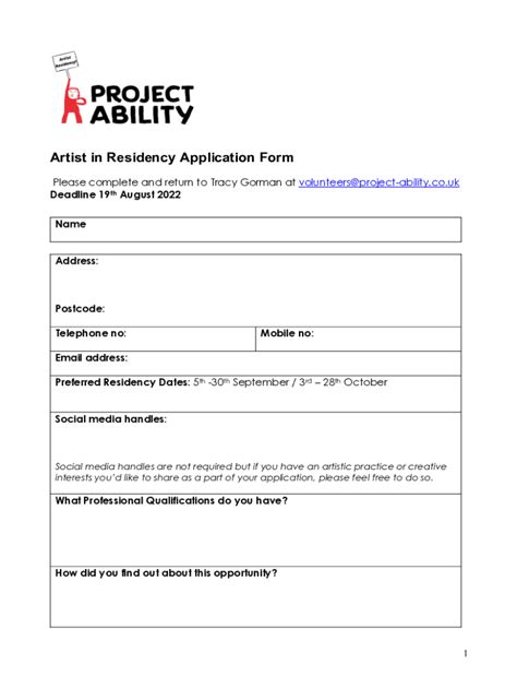 Fillable Online Artist In Residency Application Form Fax Email Print