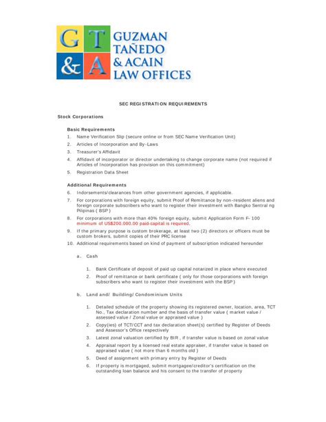 Pdf Sec Registration Requirements Philippine … Incorporation Sec Stock Pdf