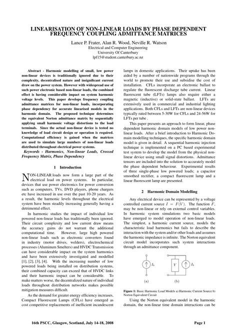 Pdf Linearisation Of Non Linear Loads By Phase Dependent Frequency Coupling Admittance Matrices
