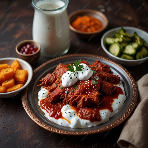 Iskender Kebab In Copper Serving Served With Pickles Yogurt Flatbread And Ayran Premium Ai