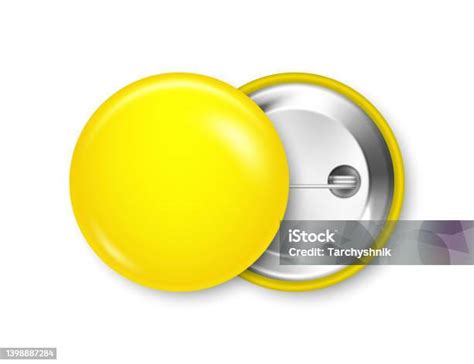 흰색 배경에 고립 된 사실적인 노란색 빈 배지 광택 있는 3d 라운드 버튼 핀 배지 제품 홍보 및 광고를위한 브로치 모형 벡터 일러스트레이션 0명에 대한 스톡 벡터 아트 및