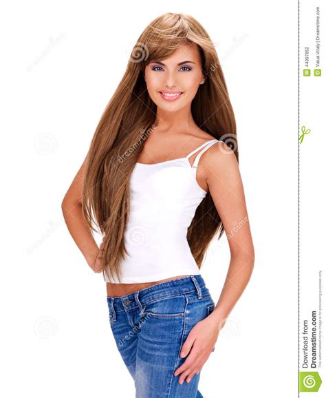 Glimlachende Mooie Indische Vrouw Met Lang Haar Stock Foto Image Of