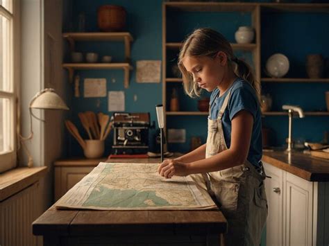 A Girl Is Working On A Map In A Kitchen Premium Ai Generated Image