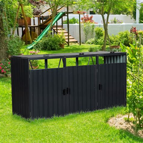 Homeviewto Garbage Bin Shed Stores 3 Trash Cans Metal Outdoor Bin Shed