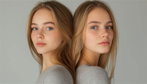 Two Twin Girls Stand Touching Their Backs Back To Each Other Youth And Skin Care Concept