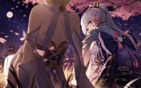 Ayaka Lumine Shareing There Feeling With Each Other Genshin Impact 8K Wallpaper Download