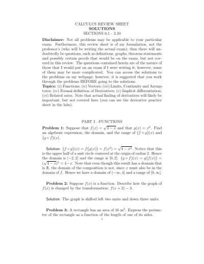Calculus Review Sheet Solutions Sections 01 310
