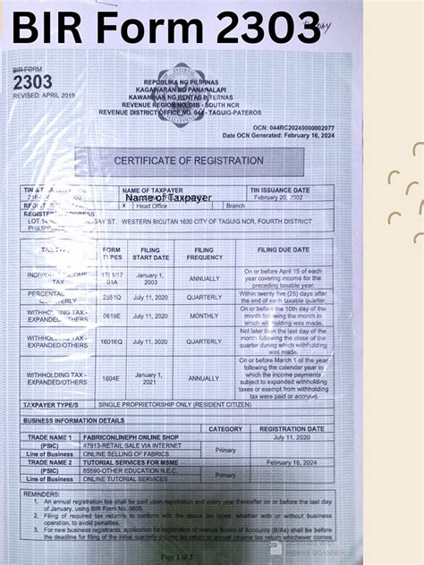 Sample Cor Bir Form 2303 Tax Tutorials For Msme Facebook