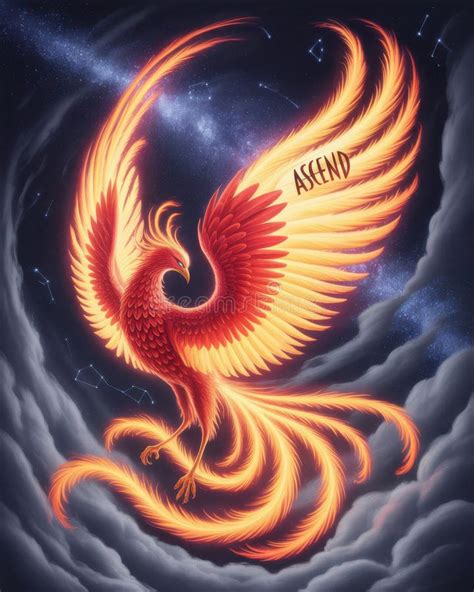Fiery Phoenix Ascends Through Starry Night Sky And Clouds Stock