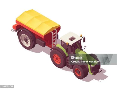 농업 장비 세트와 등대 트랙터 흰색 백그로웅에 붉은 비료 스프레더가있는 고립 된 낮은 폴리 녹색 트랙터 벡터 일러스트레이터 수집 교통수단에 대한 스톡 벡터 아트 및 기타
