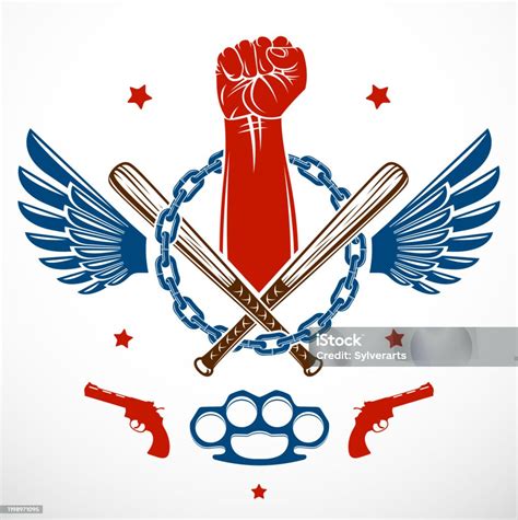 무정부 상태와 카오스 공격적인 엠블럼 또는 강한 꽉 주먹 무기 와 다른 디자인 요소 벡터 빈티지 스타일의 문신 반란군 폭동 당파와 혁명 Revolution에 대한 스톡 벡터