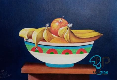تابلو نقاشی رنگ روغن ظرف سفالی میوه مداد آبی