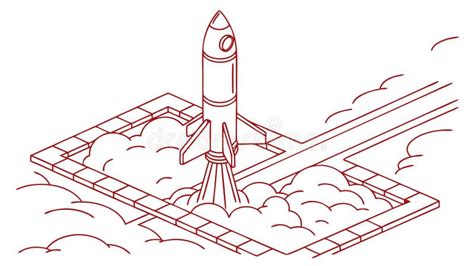An Isometric Line Art Drawing Of A Rocket On Its Launchpad Platform
