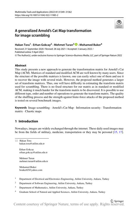 A Generalized Arnolds Cat Map Transformation For Image Scrambling Request Pdf
