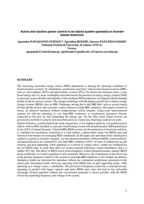 Pdf Active And Reactive Power Control In An Island System Operated On