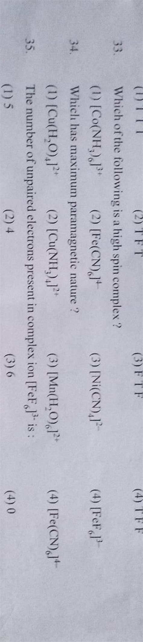 The Number Of Unpaired Electrons Present In Complex Ion Left Fef6 Ight 3−