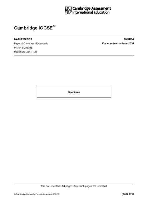 Specimen Paper 4 Igcse Cambridge Igcse ™ Mathematics 0580 Paper 4 Calculator Extended For