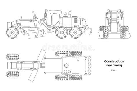Isolated Outline Grader Drawing Industrial Transport Side Top And