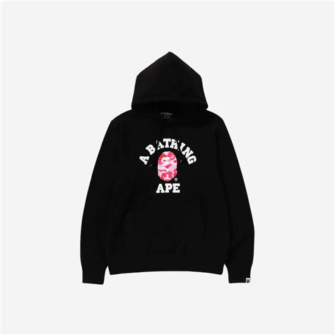 베이프 Abc 카모 컬리지 오가닉 코튼 풀오버 후드 블랙 핑크 Bape Kream