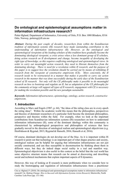 Pdf Do Ontological And Epistemological Assumptions Matter In Information Infrastructure Research
