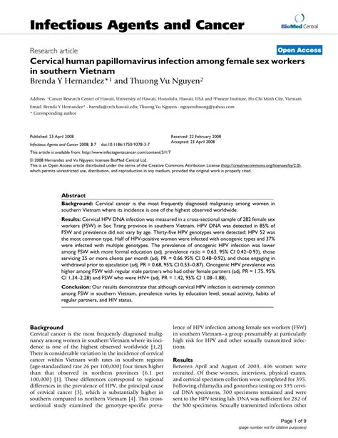 Pdf Cervical Human Papillomavirus Infection Among Female Sex Workers
