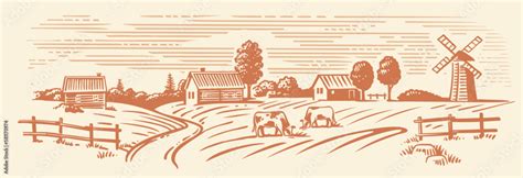 Rural Landscape Agriculture Farm Vector Cows Stock Vector Adobe Stock
