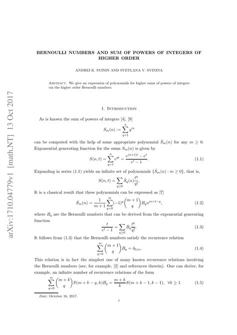 Pdf Bernoulli Numbers And Sums Of Powers Of Integers Of Higher Order