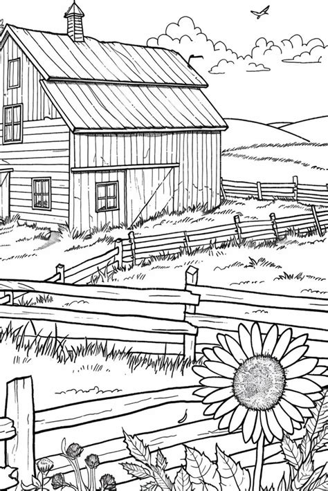 A Drawing Of A Barn With A Fence And A Barn In The Background Premium