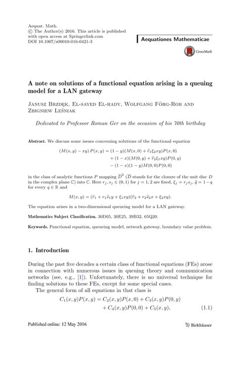 Pdf A Note On Solutions Of A Functional Equation Arising In A Queuing Model For A Lan Gateway