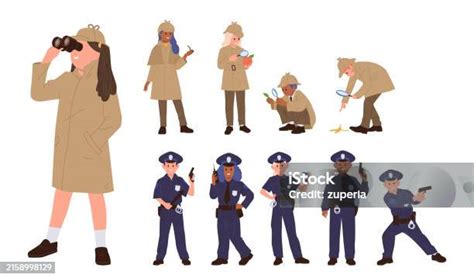 犯罪を捜査し法執行機関のセットを提供する子供の探偵や警察官 イラストレーションのベクターアート素材や画像を多数ご用意
