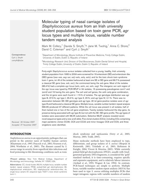 Pdf Molecular Typing Of Nasal Carriage Isolates Of Staphylococcus Aureus From An Irish