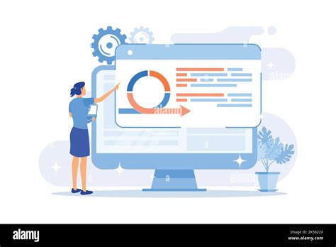 Woman Using Software Cartoon Character Working Process Workflow Analysis Internet Platform