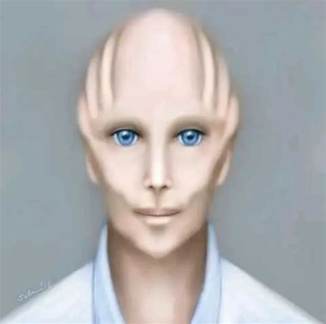 An Alien Man With Blue Eyes Wearing A White Shirt