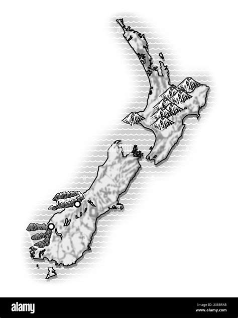 Art Illustration Map Of New Zealand Coastline Showing The Two Main
