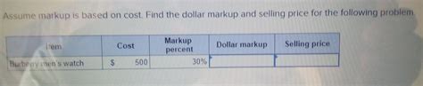 Solved Assume Markup Is Based On Cost Find The Dollar Chegg