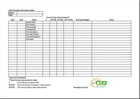 Free Download Giant Pumpkins Tracking Sheet