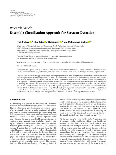 Pdf Ensemble Classification Approach For Sarcasm Detection