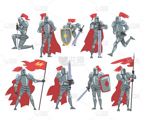 中世纪骑士套装，骑士武士角色在全金属身体盔甲与武器卡通风格矢量插图素材 花瓣网