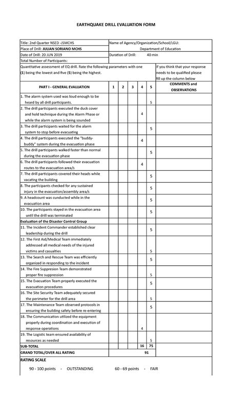 416372184 Earthquake Drill Evaluation Form 1 Earthquake Drill