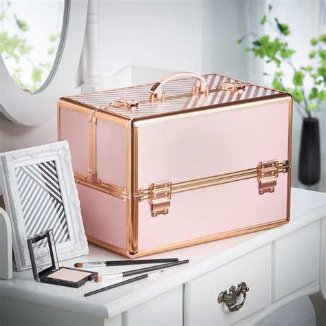 Beautify Large Blush Pink Striped Beauty Case Makeup Storage Case