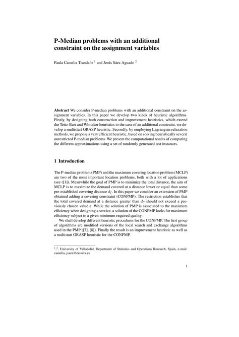 Pdf P Median Problems With An Additional Constraint On The Assignment Variables